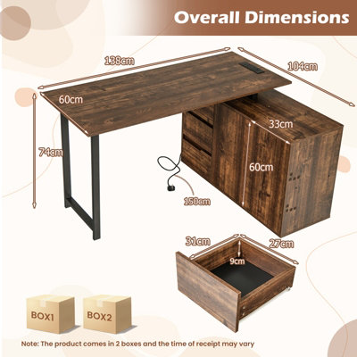 COSTWAY L-Shaped Desk with File Cabinet Reversible Corner Computer Desk ...
