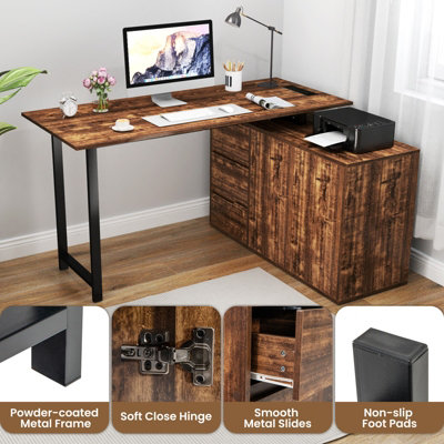 COSTWAY L-Shaped Desk with File Cabinet Reversible Corner Computer Desk ...