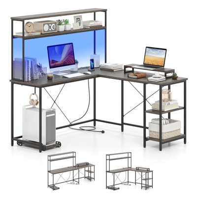 Costway L-Shaped Gaming Desk Reversible Corner Computer Desk w/ LED ...