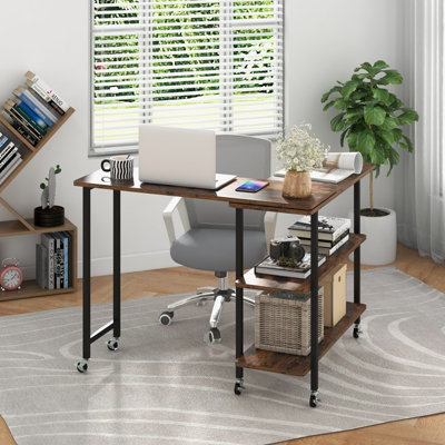 Costway L shaped Mobile 360 Rotating Corner Computer Desk Laptop Computer PC Desk Home Office