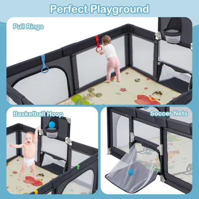Costway Large Baby Playpen Activity Centre w/Mat Basketball Hoop Soccer ...