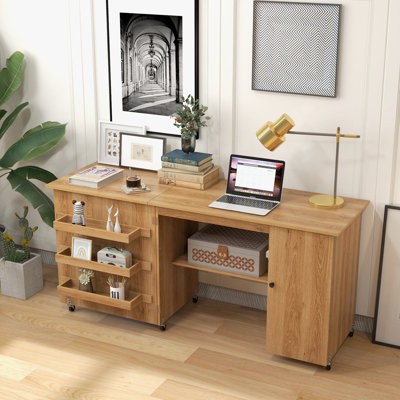 Costway Large Foldable Sewing Table Rolling Drop Leaf Craft Table Computer Desk w Lockable Casters