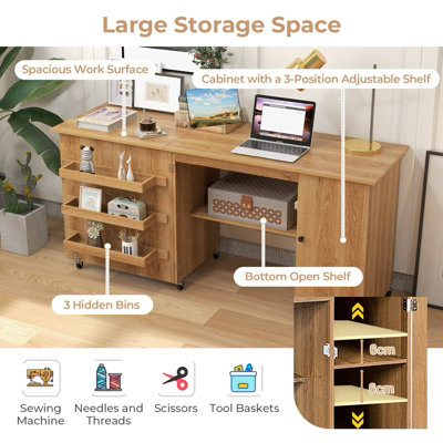 Costway Large Foldable Sewing Table Rolling Drop Leaf Craft Table ...