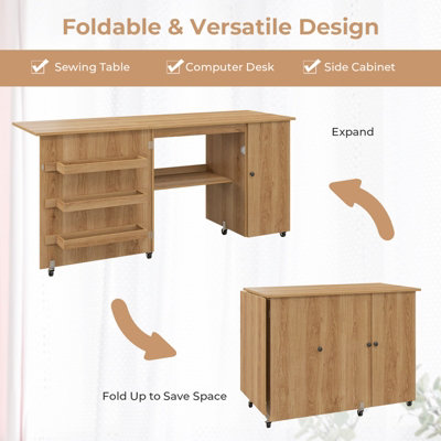 Costway Large Foldable Sewing Table Rolling Drop Leaf Craft Table ...