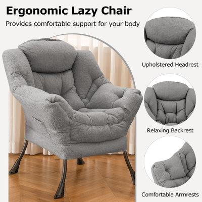 COSTWAY LARGE LAZY CHAIR SHERPA SOFA CHAIR WITH COZY HEAD PILLOW ...