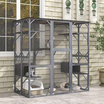 COSTWAY Large Wooden Cat House Kitten Cage Enclosure Walk-in Cat Kennel ...