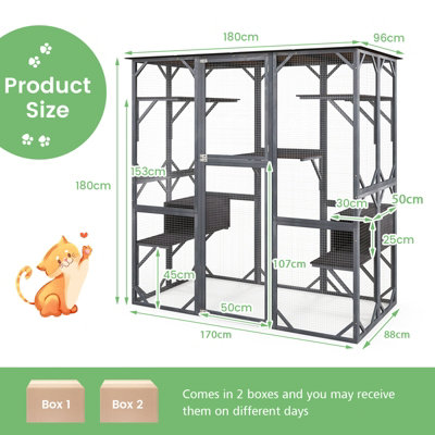 COSTWAY Large Wooden Cat House Kitten Cage Enclosure Walk-in Cat Kennel ...