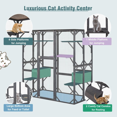 COSTWAY Large Wooden Cat House Kitten Cage Enclosure Walk-in Cat Kennel ...