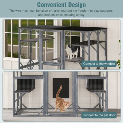COSTWAY Large Wooden Cat House Kitten Cage Enclosure Walk-in Cat Kennel ...