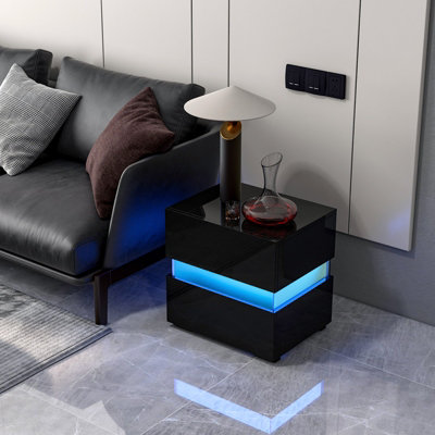 COSTWAY LED Bedside Table with 2 Drawers Remote Control Nightstand w ...