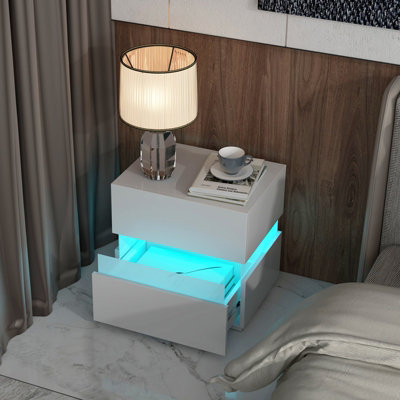 COSTWAY LED BEDSIDE TABLE WITH 2 DRAWERS REMOTE CONTROL NIGHTSTAND W ...