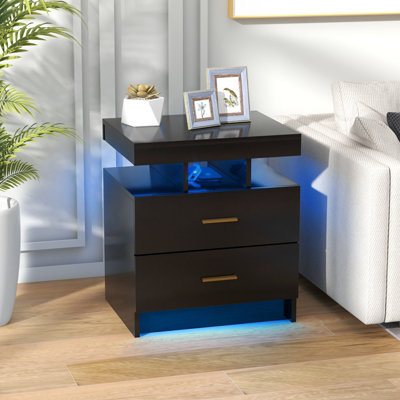 Costway LED Nightstand Modern Bedside Table w 2 Storage Drawers Adjustable Light Mode