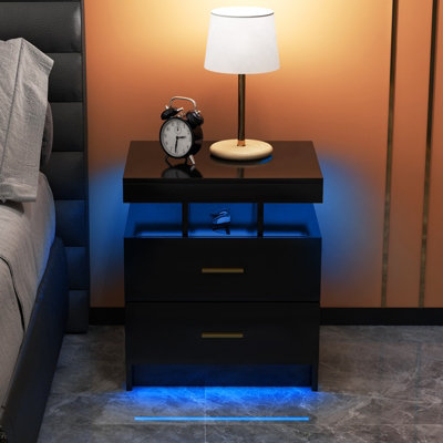 Costway LED Nightstand Modern Bedside Table w 2 Storage Drawers Adjustable Light Mode