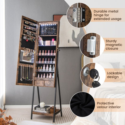 Costway LED Standing Jewelry Mirror Cabinet Lockable Jewelry Armoire w ...
