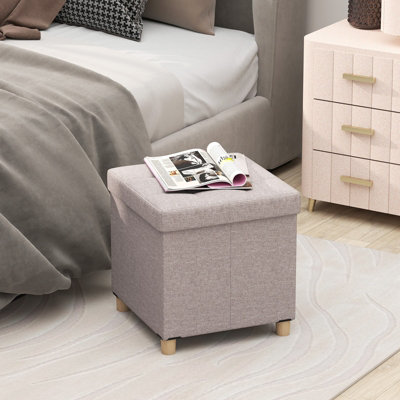 COSTWAY Linen Fabric Footstool Ottoman Padded Foot Rest with Storage-Beige