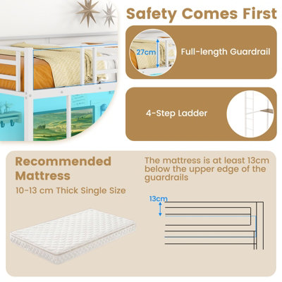 COSTWAY Loft Bed Single Platform Bed Metal High Sleeper Bed-White