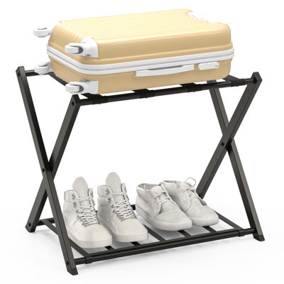 COSTWAY Luggage Rack Folding Suitcase Stand with Storage Shelf Metal ...
