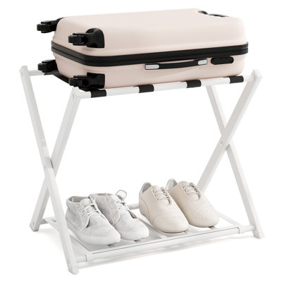 COSTWAY Luggage Rack Folding Suitcase Stand with Storage Shelf Metal ...