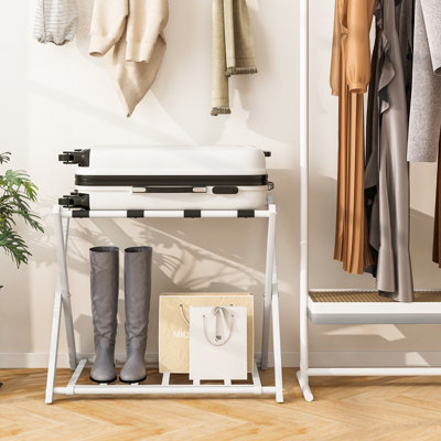 COSTWAY Luggage Rack Folding Suitcase Stand with Storage Shelf Metal ...