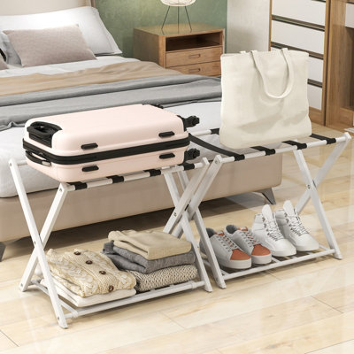 COSTWAY Luggage Rack Folding Suitcase Stand with Storage Shelf Metal ...