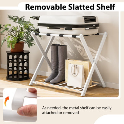 COSTWAY Luggage Rack Folding Suitcase Stand with Storage Shelf Metal ...