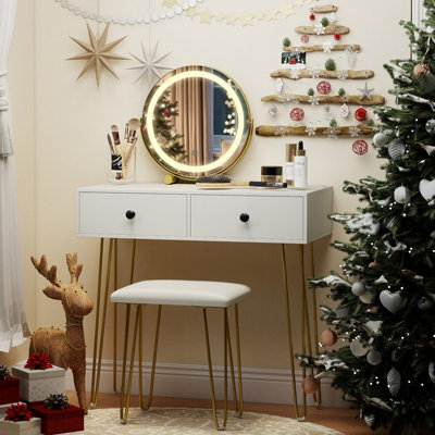 COSTWAY Makeup Dressing Table with Lighted Mirror Vanity Desk Set-White