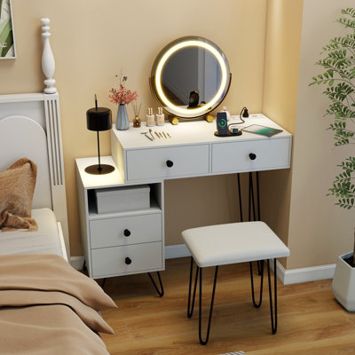 COSTWAY Makeup Vanity Desk w/ Mirror and Lights Dressing Table Set w ...