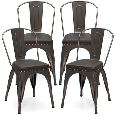 COSTWAY Metal Dining Chair Set of 4 Indoor Stackable Kitchen Chairs-Gun ...