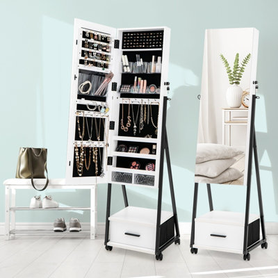 Costway Mobile Mirror Jewelry Cabinet Standing Makeup Organizer Jewelry Armoire w Lockable Door