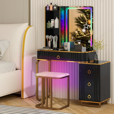 Costway Modern Dressing Table & Stool Set w/Mirror RGB Lights 7 Modes ...