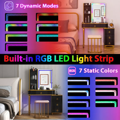 Costway Modern Dressing Table & Stool Set w/Mirror RGB Lights 7 Modes ...