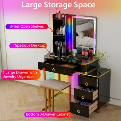 Costway Modern Dressing Table & Stool Set w/Mirror RGB Lights 7 Modes ...