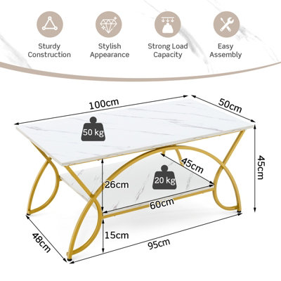 Costway Modern Faux Marble Coffee Table 2-Tier Rectangular Accent Table Chic Cocktail