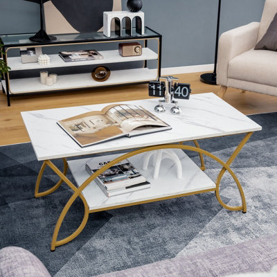 Costway Modern Faux Marble Coffee Table 2-Tier Rectangular Accent Table Chic Cocktail