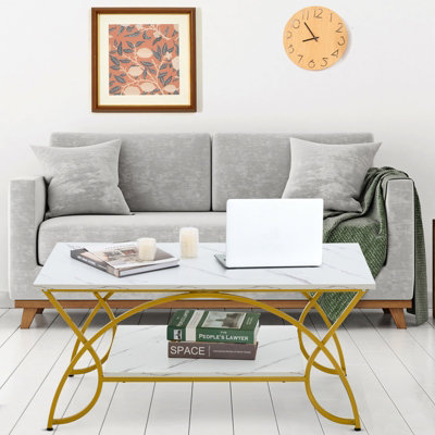 Costway Modern Faux Marble Coffee Table 2-Tier Rectangular Accent Table Chic Cocktail