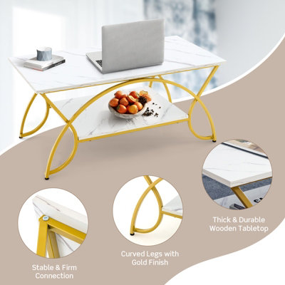 Costway Modern Faux Marble Coffee Table 2-Tier Rectangular Accent Table Chic Cocktail