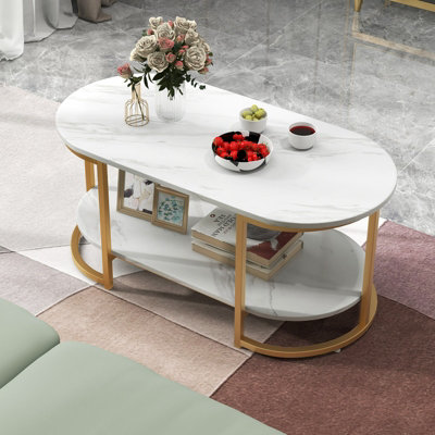 Costway Modern Faux Marble Coffee Table 2-Tier Rectangular Chic Cocktail Accent Table at B&Q