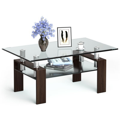 Costway Modern Glass Coffee Table Rectangular Tea w/ Open Shelf Home ...