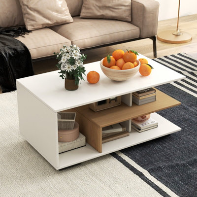 Costway Modern Rectangular Center Table Wooden Coffee Table w L shaped Middle Shelf