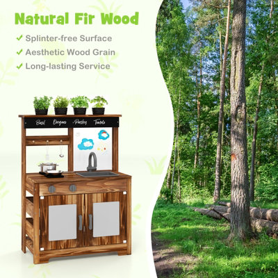 COSTWAY Mud Kitchen Fir Wood Play Kitchen with 4 Planting Pots & Faucet ...