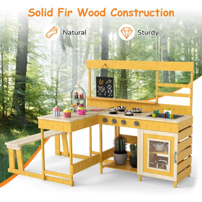 COSTWAY Mud Kitchen Fir Wood Play Kitchen with Kids Picnic Table-Natural