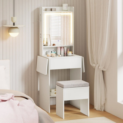 COSTWAY Narrow Vanity Table w/ Lights Compact Makeup Dressing Table w ...