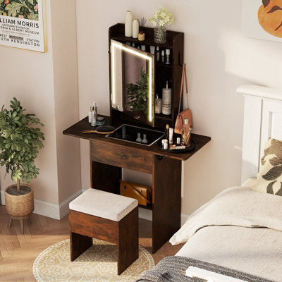 COSTWAY Narrow Vanity Table with Lights Compact Makeup Dressing Table ...