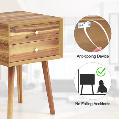 Costway Night Stand Cabinet Bedside Table with 2 Drawers Solid Wood Legs