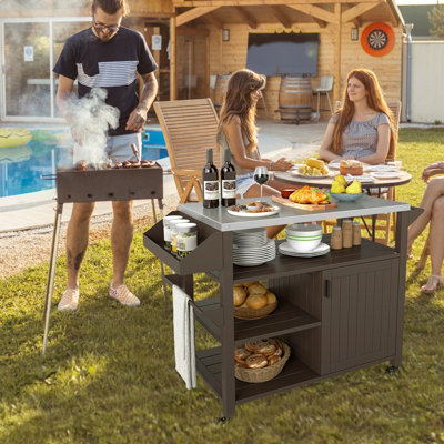 COSTWAY Outdoor Grill Cart Movable Prep Table w/ Storage Cabinet-Brown