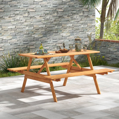 Costway Outdoor Table Set Patio Picnic Wood Dining Table w/ 2 Built-in ...