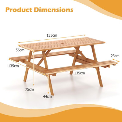 Costway Outdoor Table Set Patio Picnic Wood Dining Table w/ 2 Built-in ...