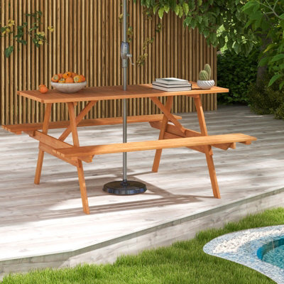 Costway Outdoor Table Set Patio Picnic Wood Dining Table w/ 2 Built-in ...