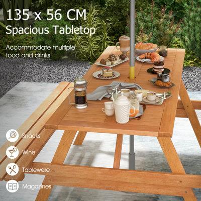 Costway Outdoor Table Set Patio Picnic Wood Dining Table w/ 2 Built-in ...