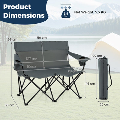 COSTWAY Oversized Double Camping Chair 2-Person Heavy Duty Lawn Chair-Grey